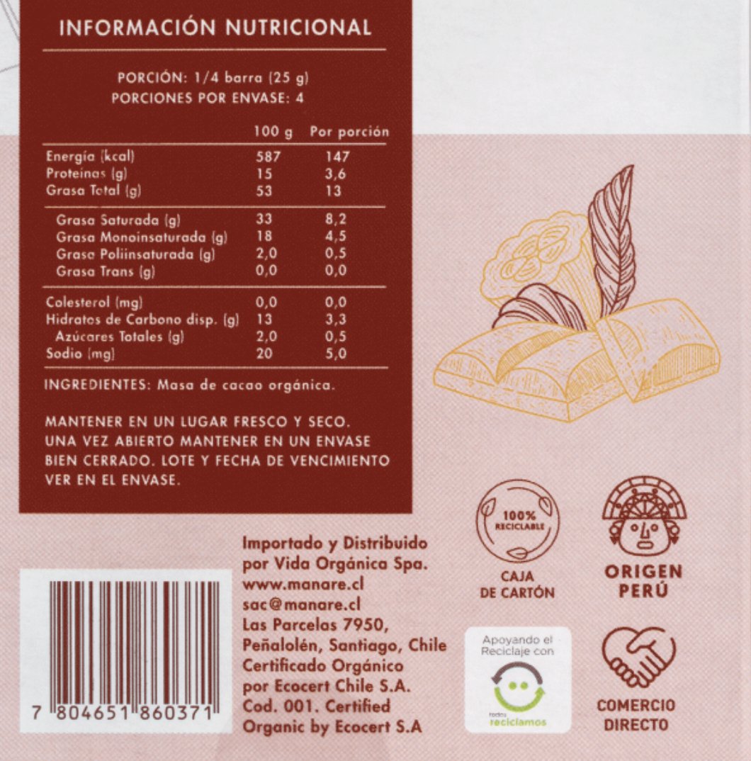 Chocolate 100% Cacao 100 Gr Manare – Aldea Nativa
